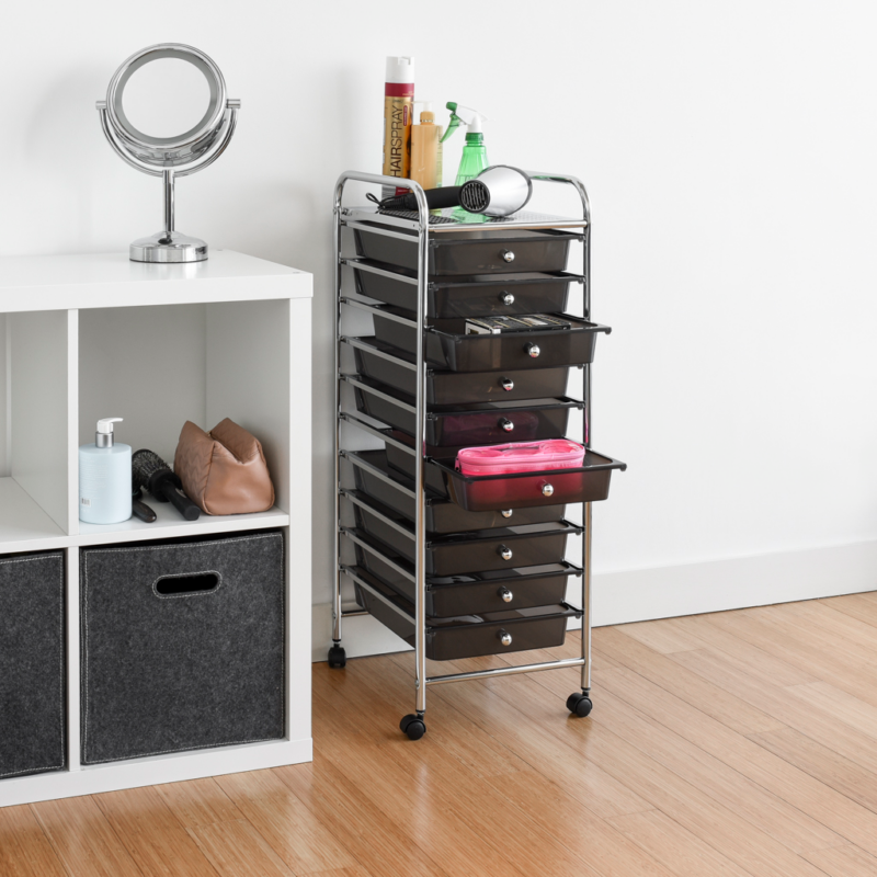 10 Drawer Storage Trolley Black On Wheels - Home Treats UK