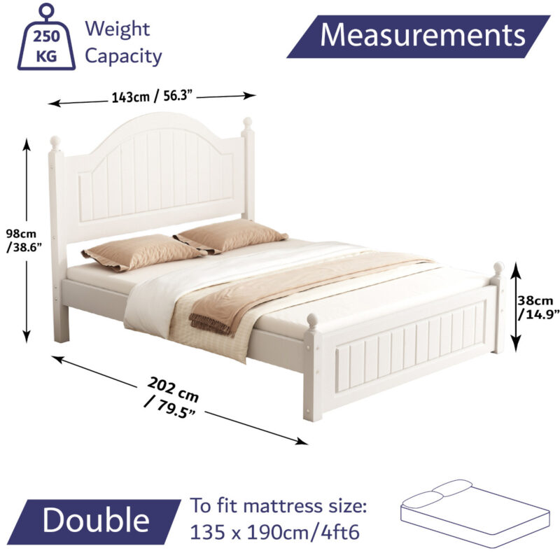 White Double Bed Frame Wooden Solid Wood - Home Treats UK