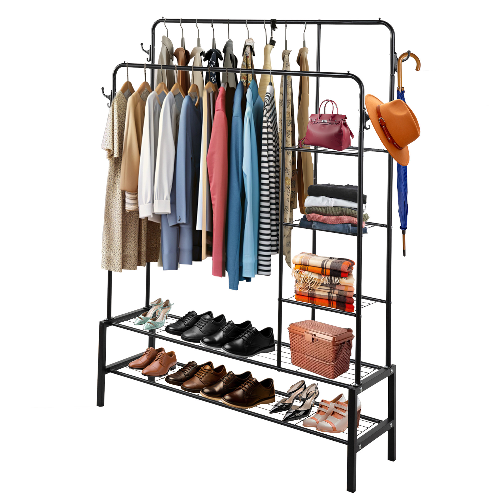 Heavy Duty Clothes Rail, 130KG Metal Black Rack with Double Hanging ...
